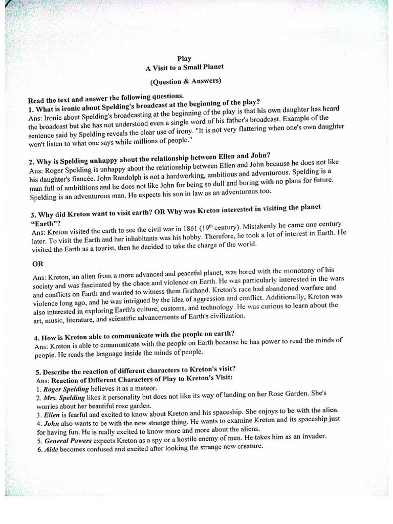 English Notes of A Visit To A Small Planet | PDF
