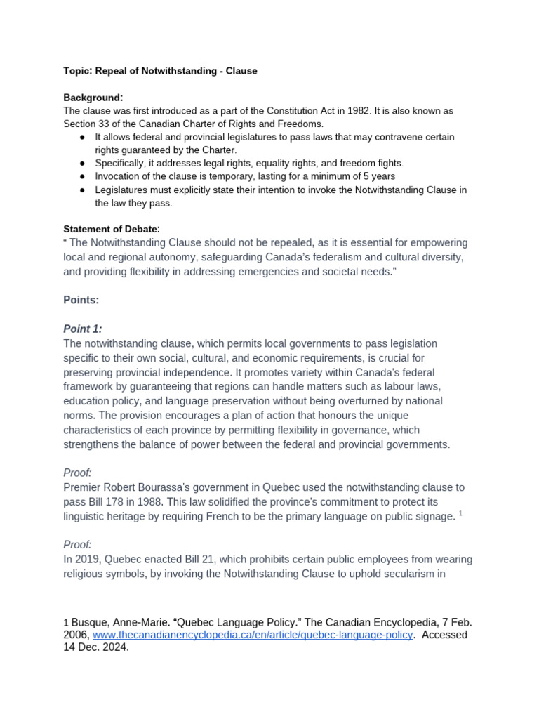 Topic Repeal of Notwithstanding Clause - Position Paper | PDF | Legal ...