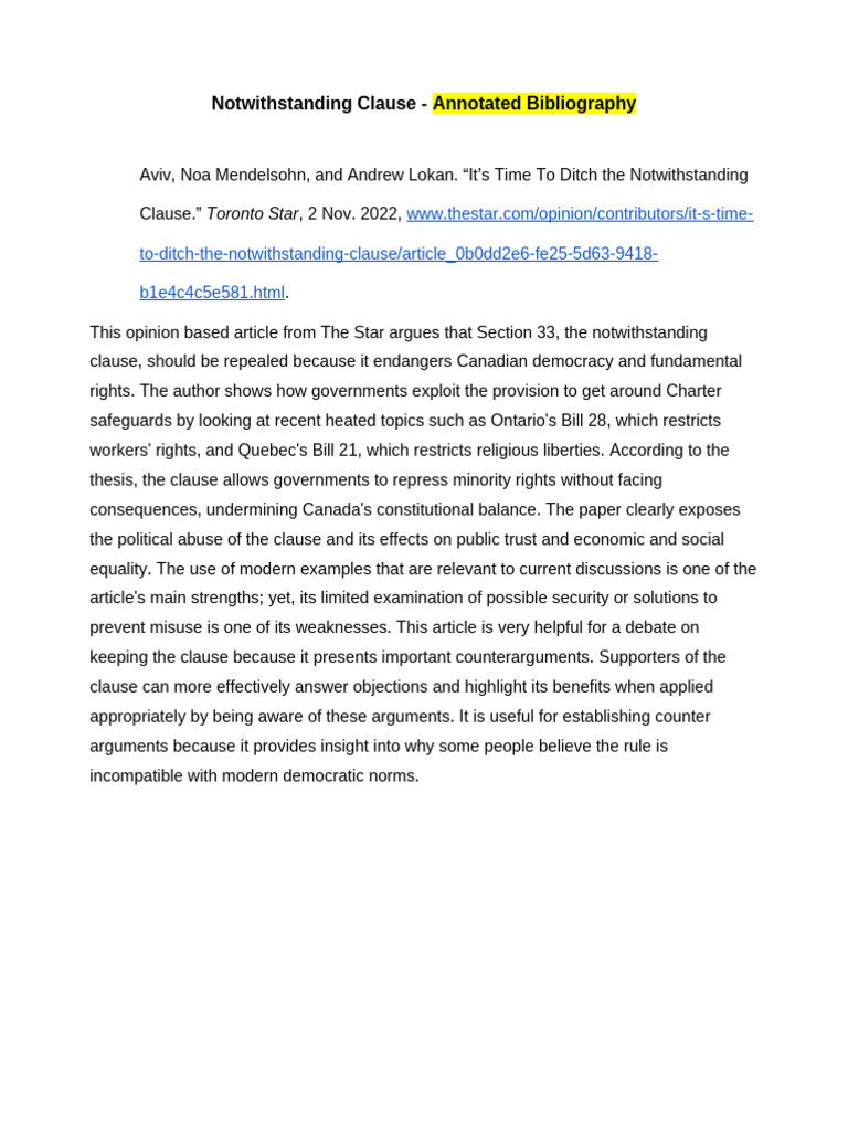 Notwithstanding Clause - Annotated Bibliography | PDF | Human Rights ...