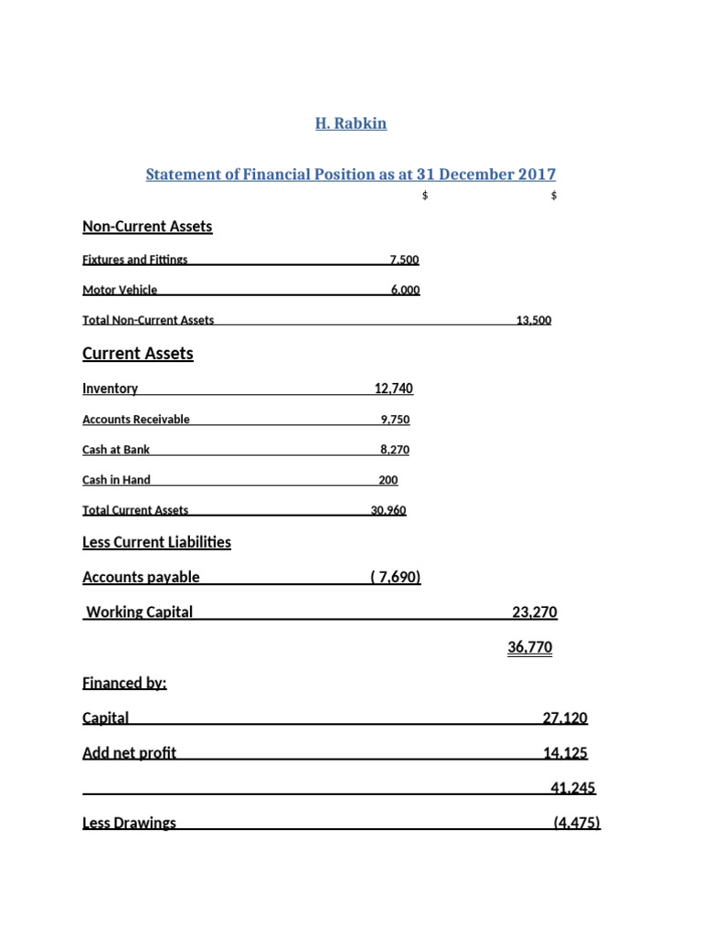 H. Rabkin Statement of Financial Position | PDF
