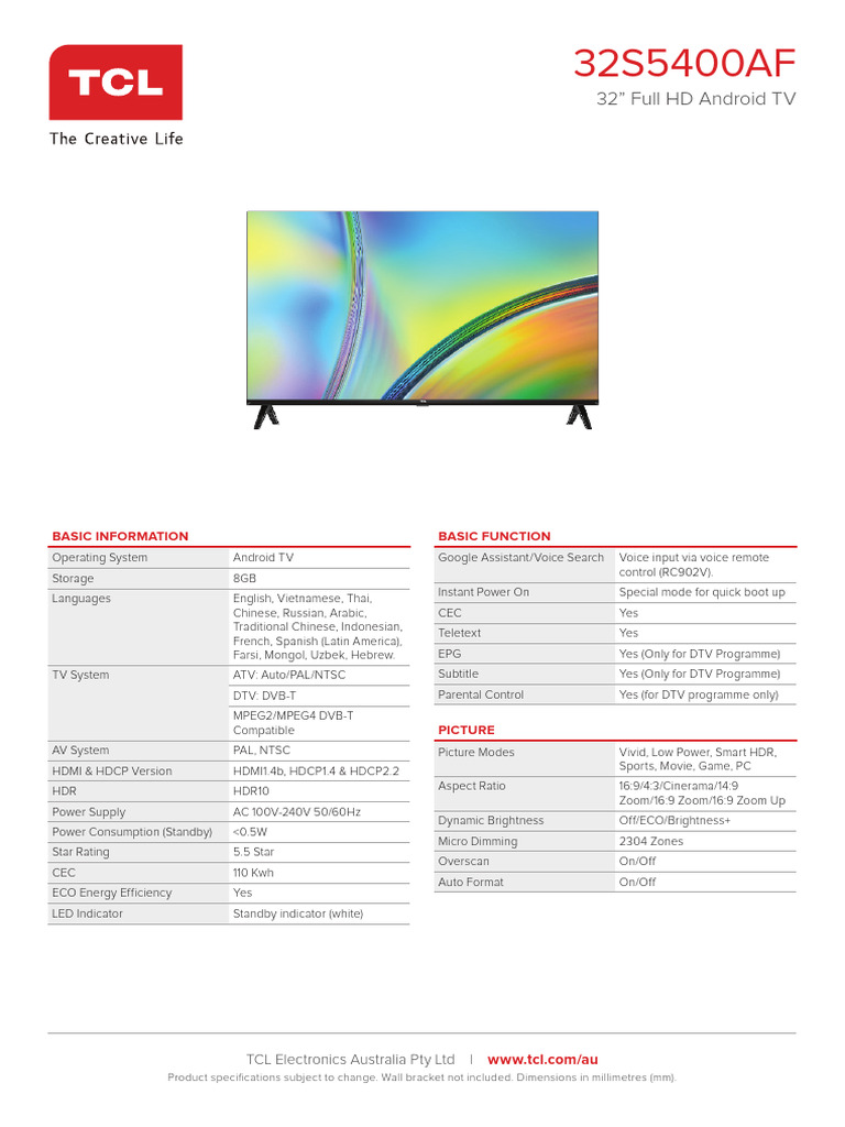 32S5400AF Product Specifications Final | PDF | Hdmi | Computing