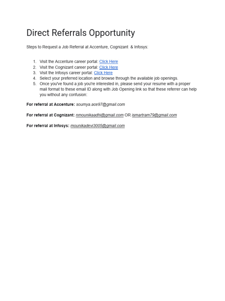 Job Referral Steps for Accenture, Cognizant, Infosys | PDF