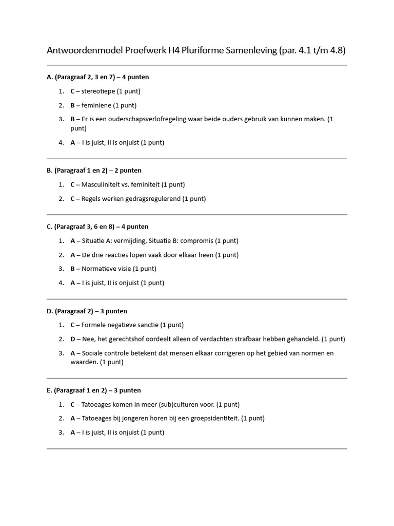 Antwoordenmodel Proefwerk H4 Pluriforme Samenleving | PDF