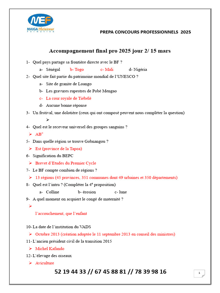 Préparation aux Concours 2025 au BF | PDF