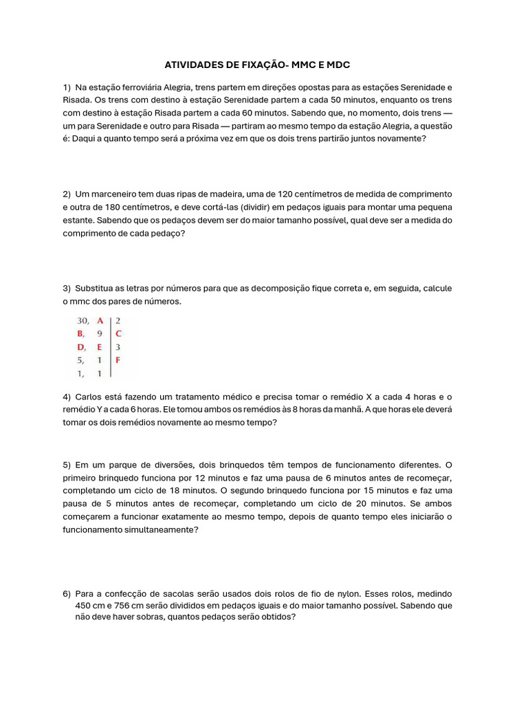Atividades 2 - MMC e MDC - 9º Ano | PDF | Tempo | Sequência