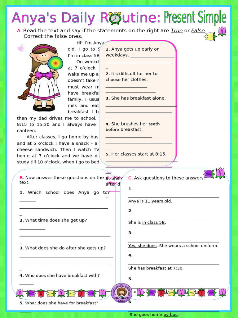 Anya S Daily Routine (Simple Present) - Reading Comprehension | PDF ...