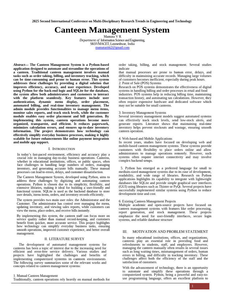 Canteen Management System | PDF | Point Of Sale | Python (Programming Language)