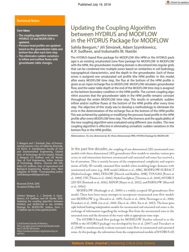Vadose Zone Journal - 2018 - Beegum - Updating the Coupling Algorithm Between HYDRUS and MODFLOW ...