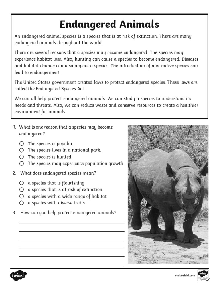 BW Third Grade Endangered Animals Reading Passage Comprehension ...