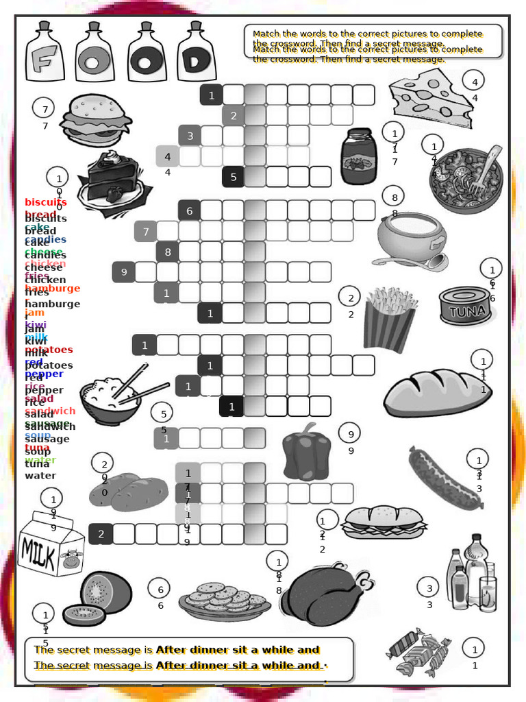 Food - CROSSWORD (B&W + KEY Included) | PDF | Sausage | Salad