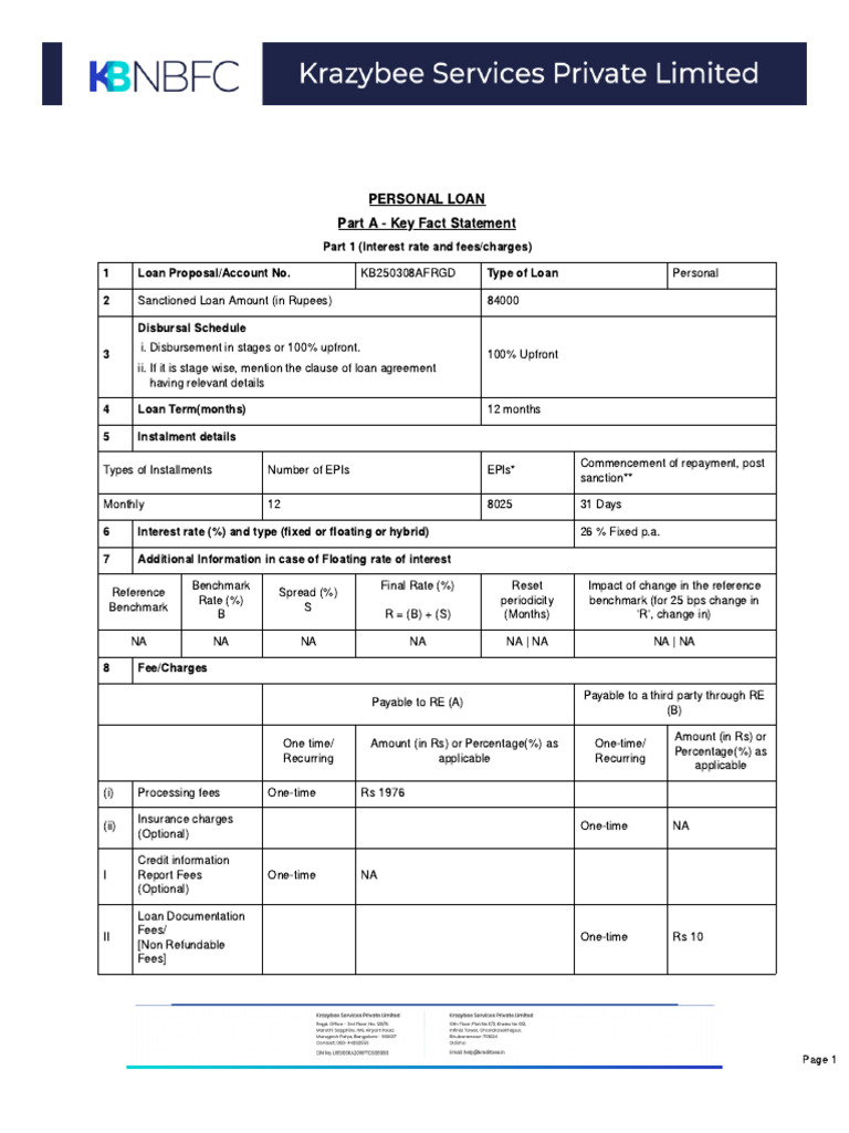 Personal Loan Key Fact Statement | PDF | Loans | Annual Percentage Rate