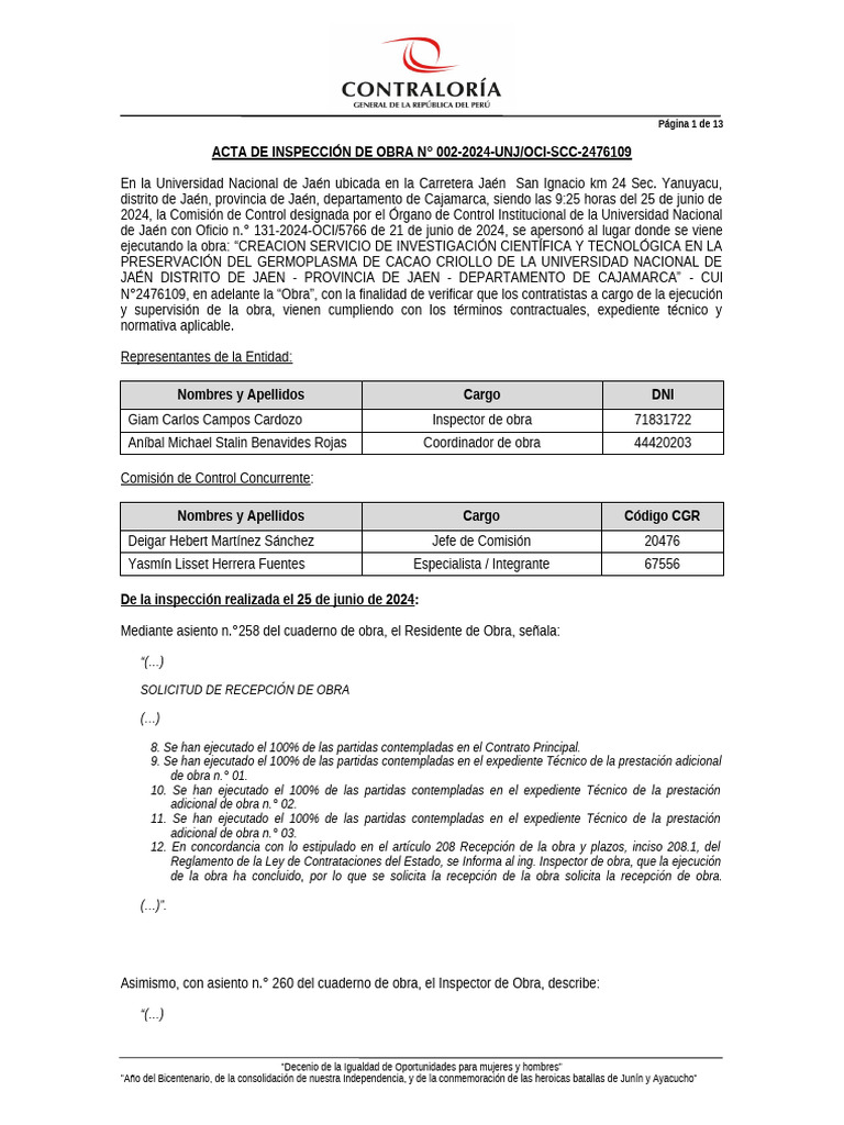 Acta de Inspeccion - Creacion Serv. Germoplasma Hito 2 | PDF