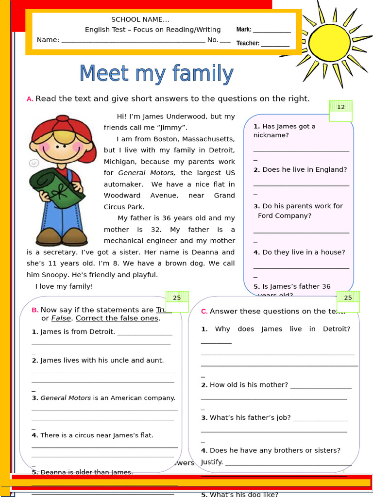 Meet My Family - Reading + Writing Test | PDF