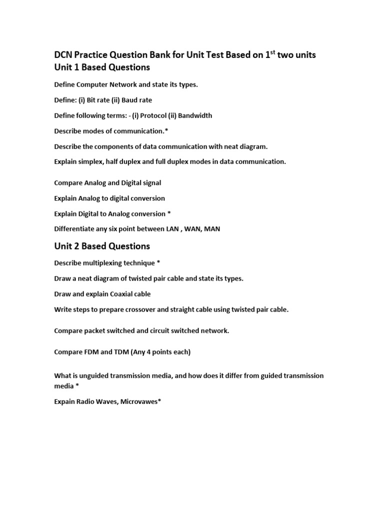 DCN Practice Question Bank For Unit Test Based On 1st Two Units | PDF
