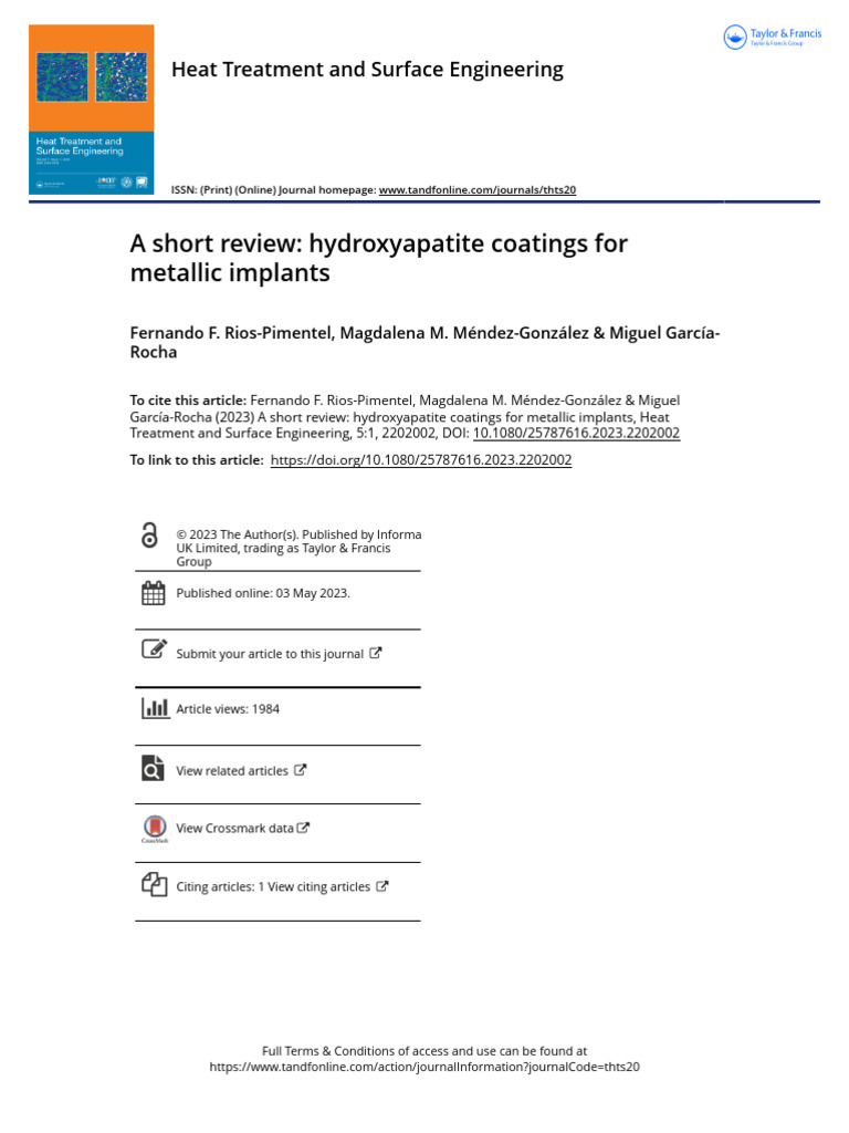 A Short Review Hydroxyapatite Coatings For Metallic Implants | PDF ...