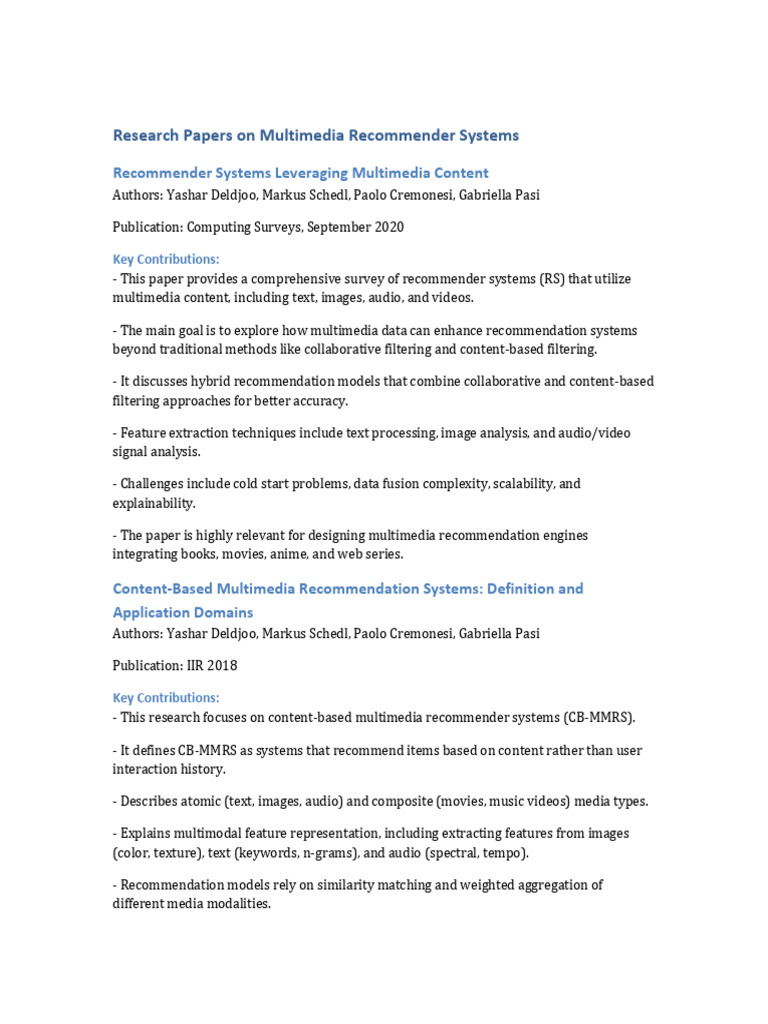Multimedia Recommender Systems Summary | PDF | Multimedia | Cyberspace
