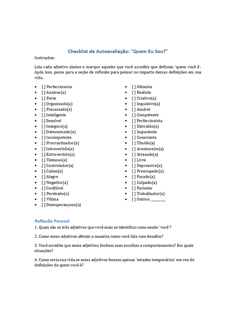 Checklist de Autoavaliação Pessoal | PDF