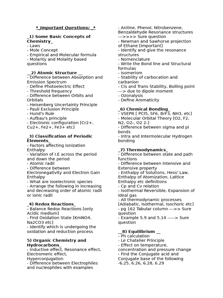 Class 11 Chemistry Important Questions | PDF | Chemical Reactions ...
