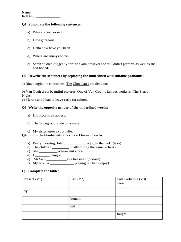 Class 4 English Worksheet with Answers | PDF | Linguistic Morphology ...