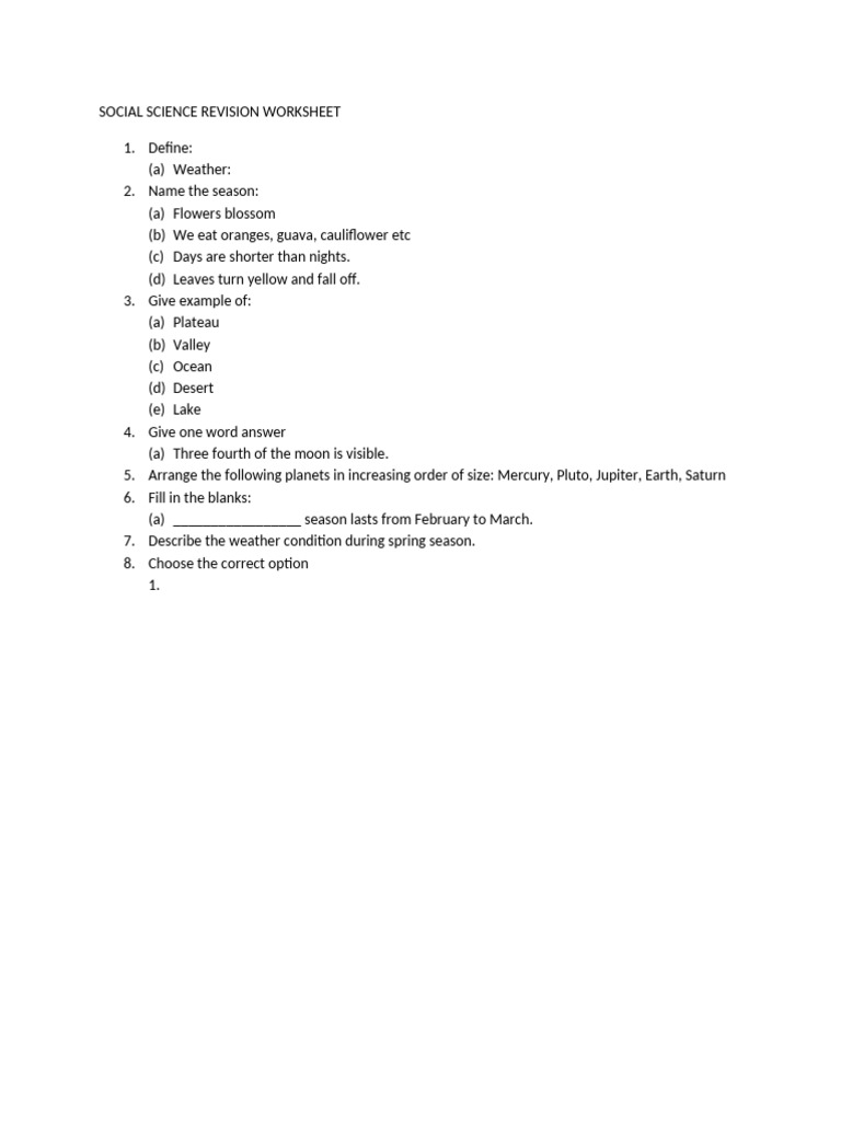 Social Science Revision Worksheet | PDF