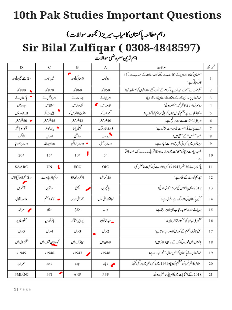 10TH PAK STUDIES Important 2025-1 | PDF