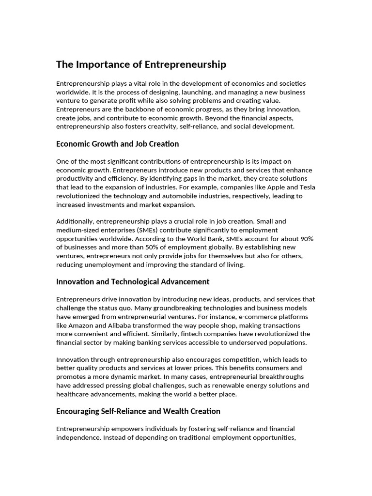 The Importance of Entrepreneurship | PDF | Entrepreneurship | Economic ...