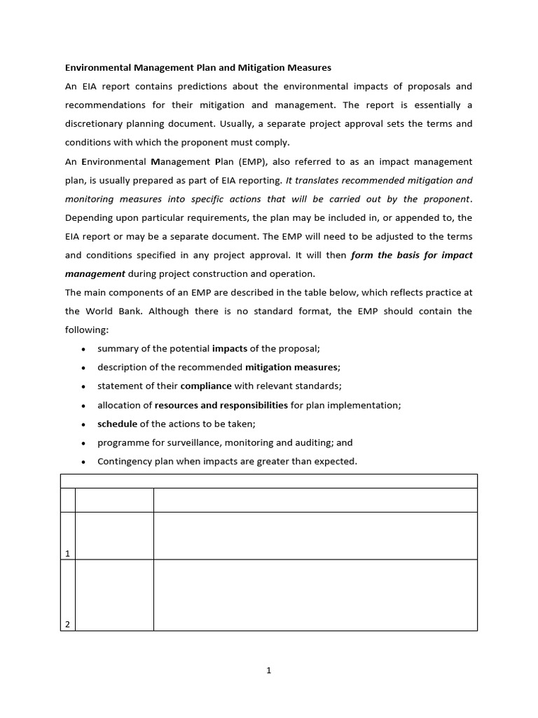 Environmental Management Plan and Mitigation Measures | PDF ...