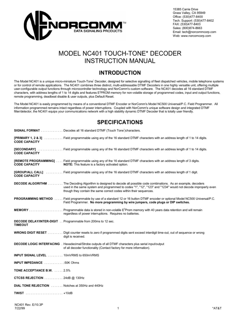 Model NC401 Touch-Tone - Decoder Instruction Manual | PDF | Code ...