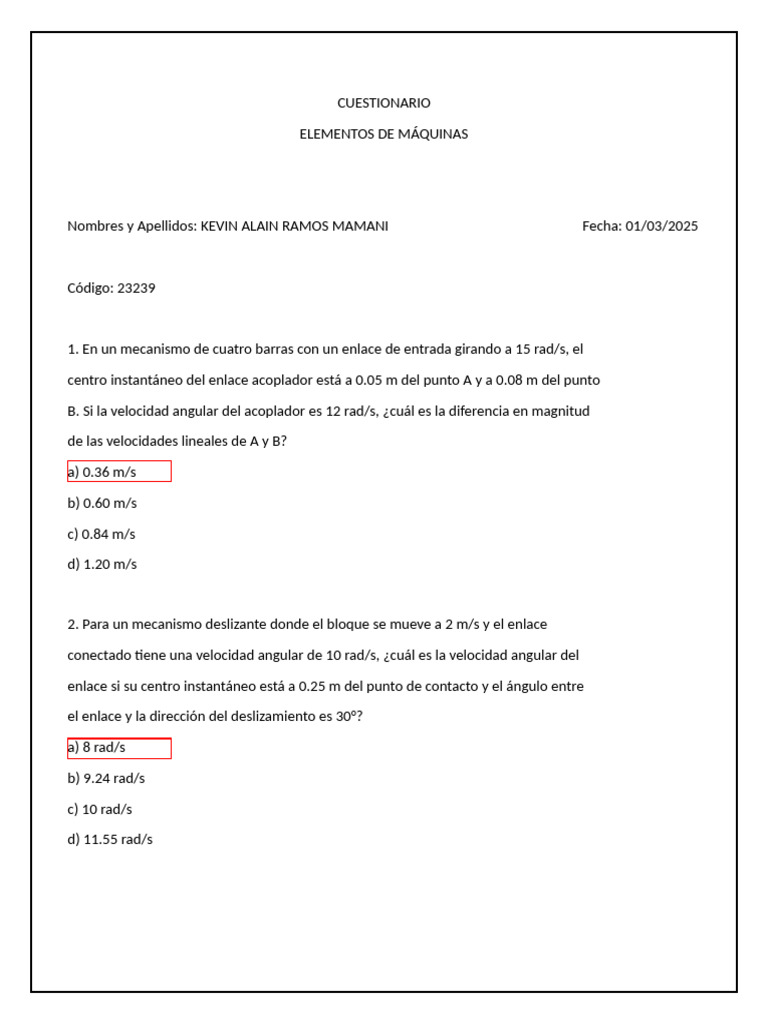 Cuestionario - Ramos Mamani Kevin Alain | PDF | Velocidad | Tiempo espacial