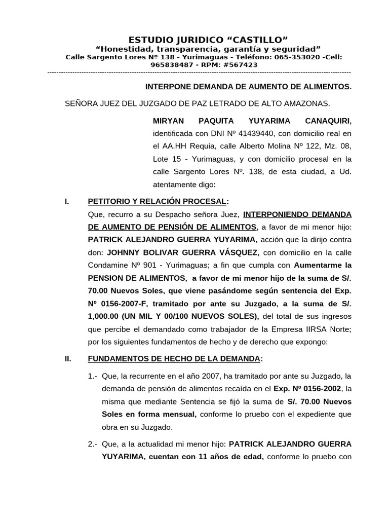 Miryan Yuyarima Canaquiri | PDF | Pensión alimenticia | Demanda judicial