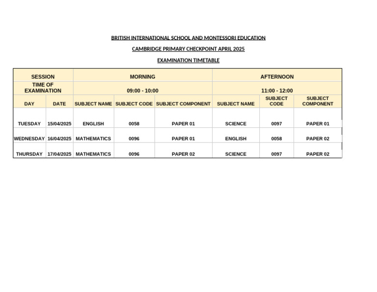 Primary Checkpoint Timetable 2025 | PDF