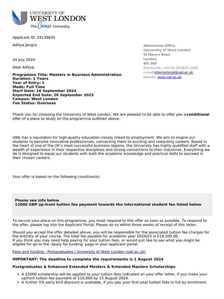 Conditional Offer Letter - Amended | PDF | Travel Visa | Postgraduate ...