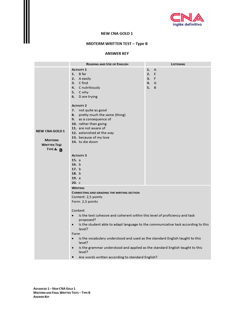 NEW GOLD 1 Gabaritos Tipo B | PDF | English Language | Psycholinguistics