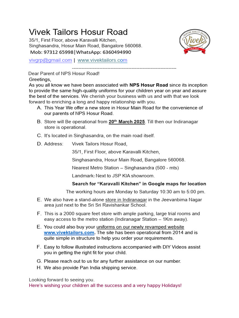 Vivek Tailors - Letter To Parents March 20251741871190 | PDF