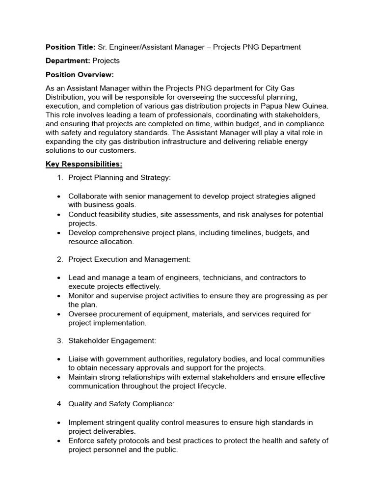 Sr. Engineer Assistant Manager Projects PNG Department | PDF | Project ...