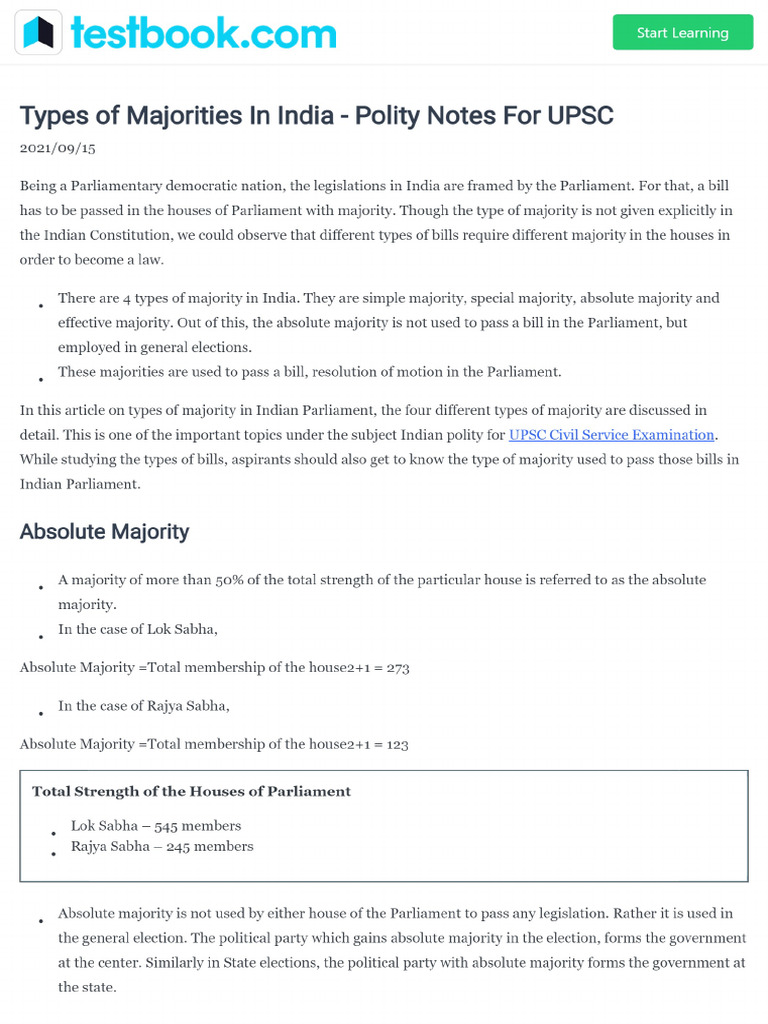Types of Majorities in The Indian Parliament 7ceb3c76 | PDF