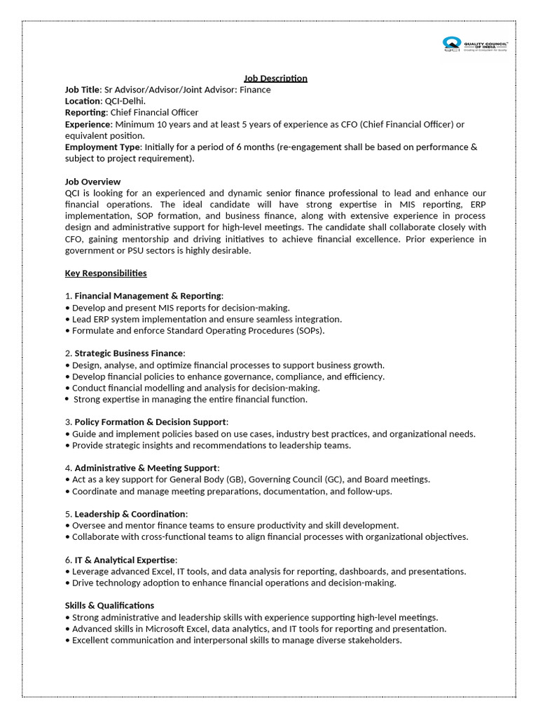 Job Description Finance 1 | PDF | Chief Financial Officer | Policy