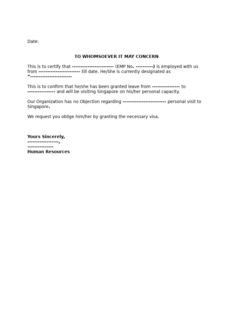 NOC Letter for Singapore Visa | PDF