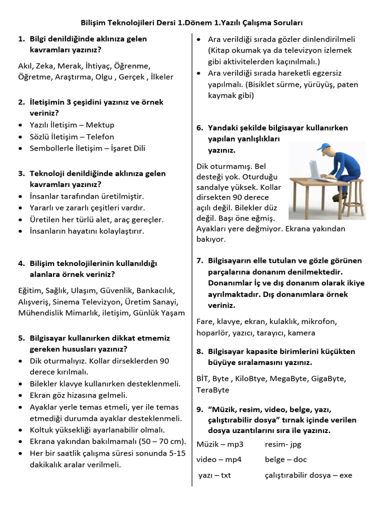 5.sinif Bilisim Teknolojileri Dersi 1.donem 1.yazili Calisma Sorulari Ve Cevaplari | PDF