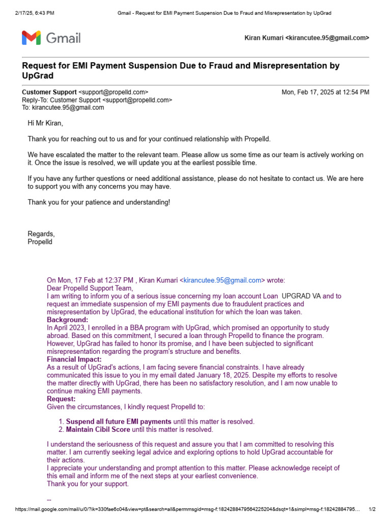 17th Feb 2025 Gmail - Request For EMI Payment Suspension Due To Fraud ...
