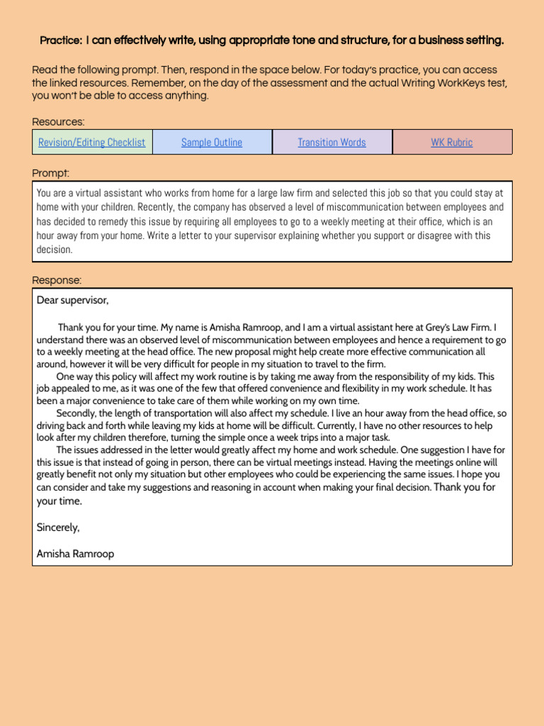 Amisha Ramroop - Workkeys Day 2 Practice Writing - 17204896 | PDF