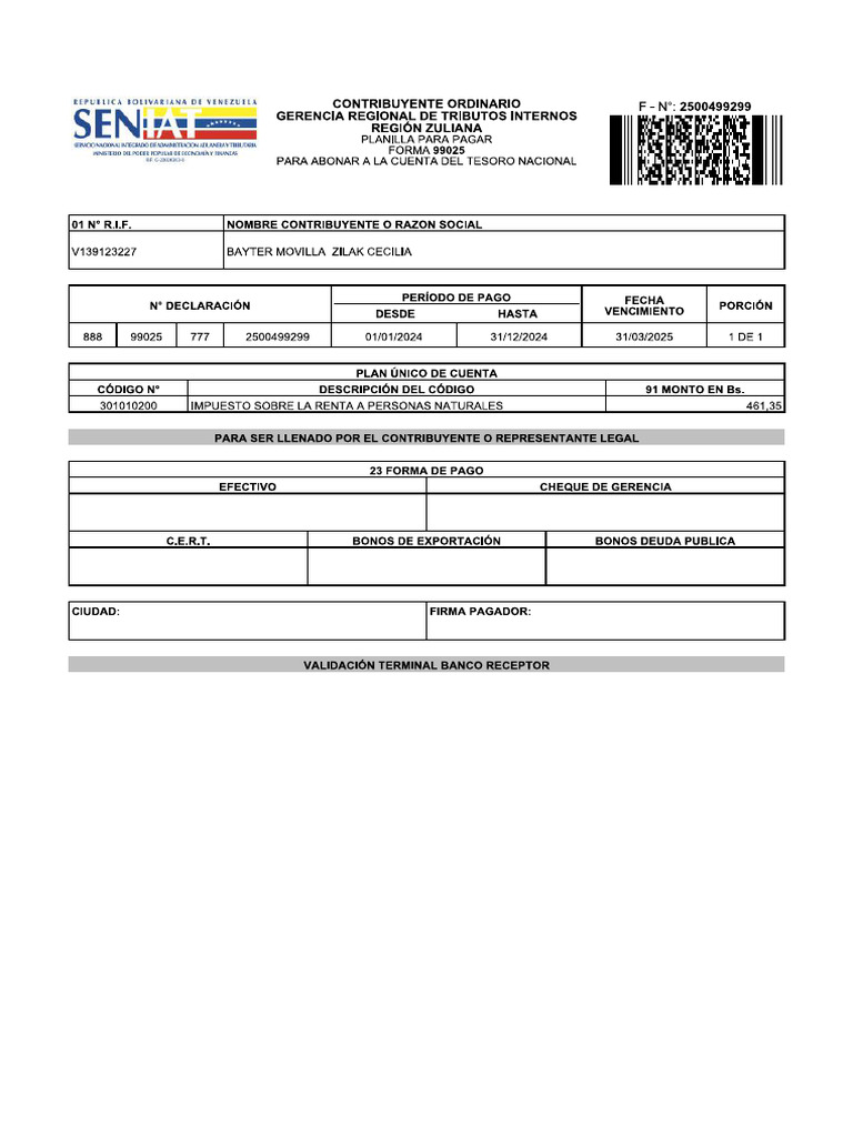 SENIAT - Planilla de Págo de ISLR Dra. Bayter Zilak AR-C | PDF