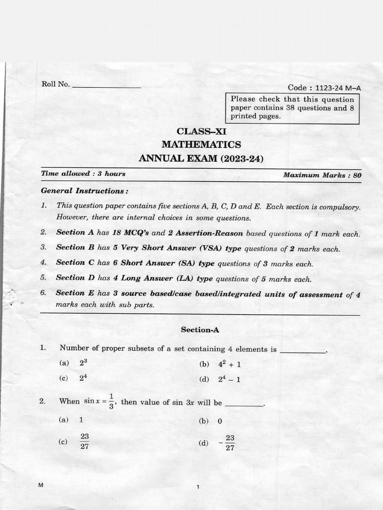 Dav Annual QP 23 24 Xi | PDF