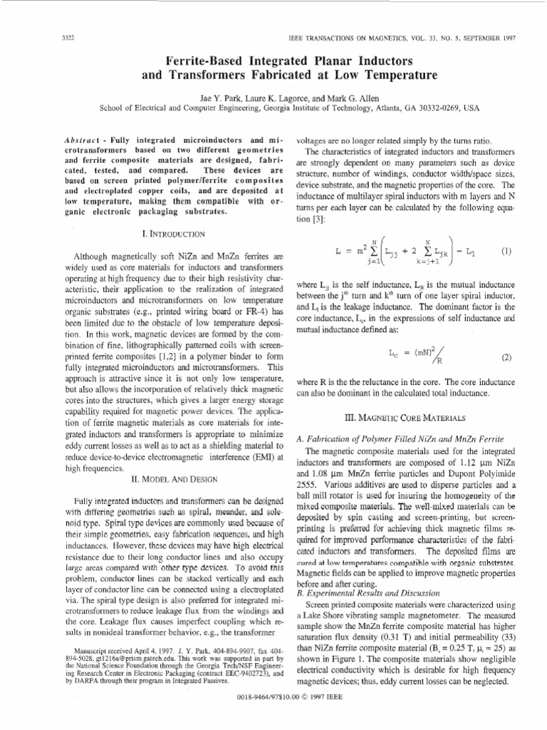 Ferrite-Based Integrated Planar Inductors and Transformers Fabricated at Low Temperature | PDF ...