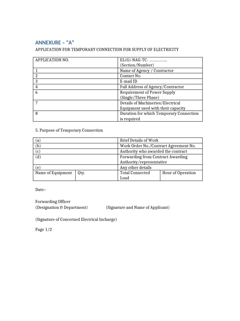 Temporary Electricity Connection Application | PDF