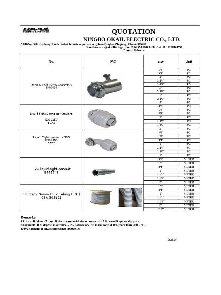 Quotation: Ningbo Okail Electric Co., LTD | PDF | Wire | Electrical ...