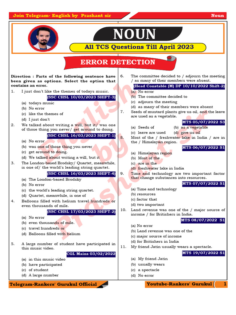 Noun PYQs With Solution PDF | PDF | Plural
