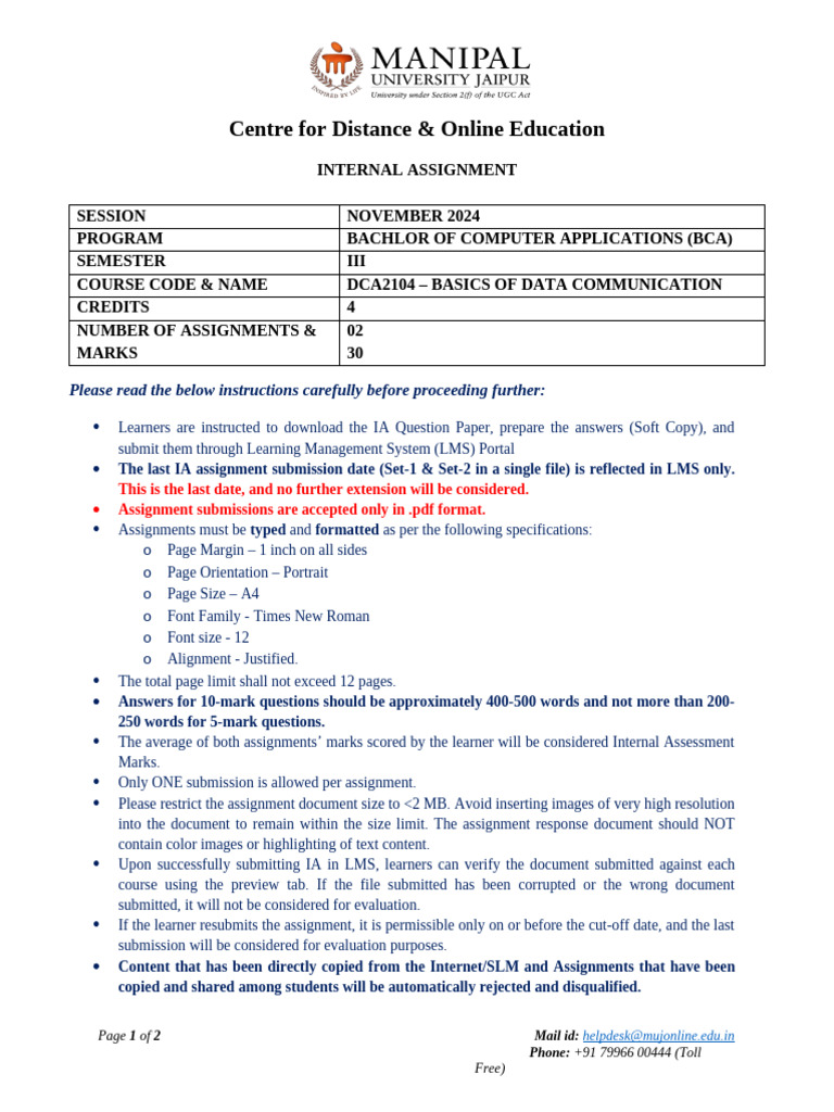 Assignment - DCA2104 - Set 1 & Set2 - Sept2024 | PDF