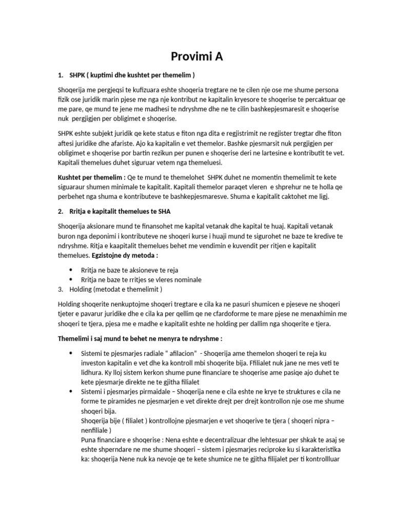 Provimi A: 1. SHPK (Kuptimi Dhe Kushtet Per Themelim) | PDF