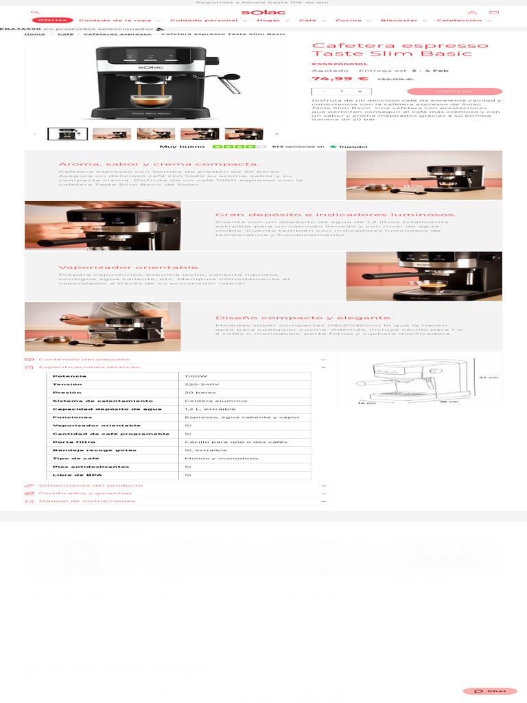Cafetera Espresso Taste Slim Basic - Solac | PDF | Preparación de comida y bebida | Bebida